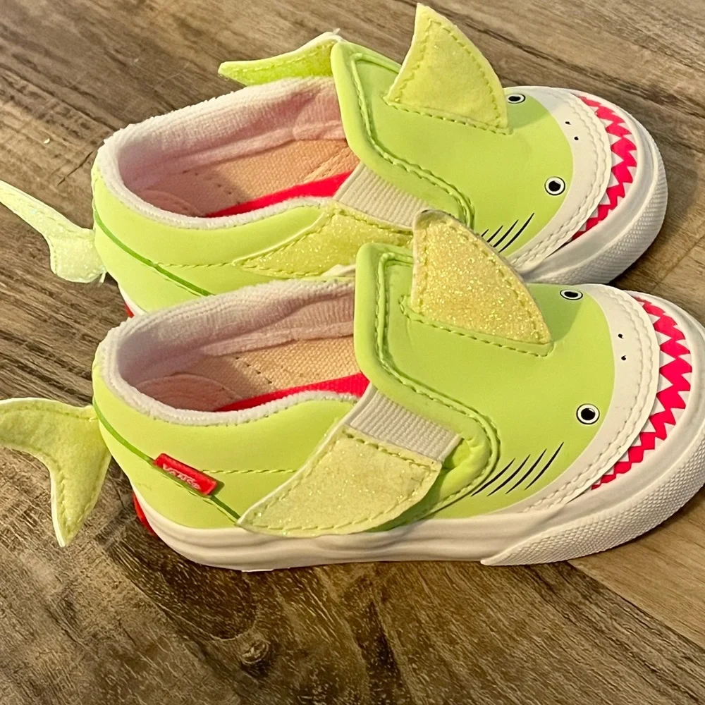 Vans | Shoes | Vans Kids Neon Green Shark Slipon Shoes With Pink Detail ...